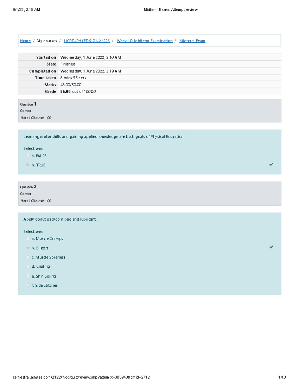 Midterm Exam Attempt review - Home / My courses / UGRD-PHYED6101-2122S / Week 10: Midterm - Studocu