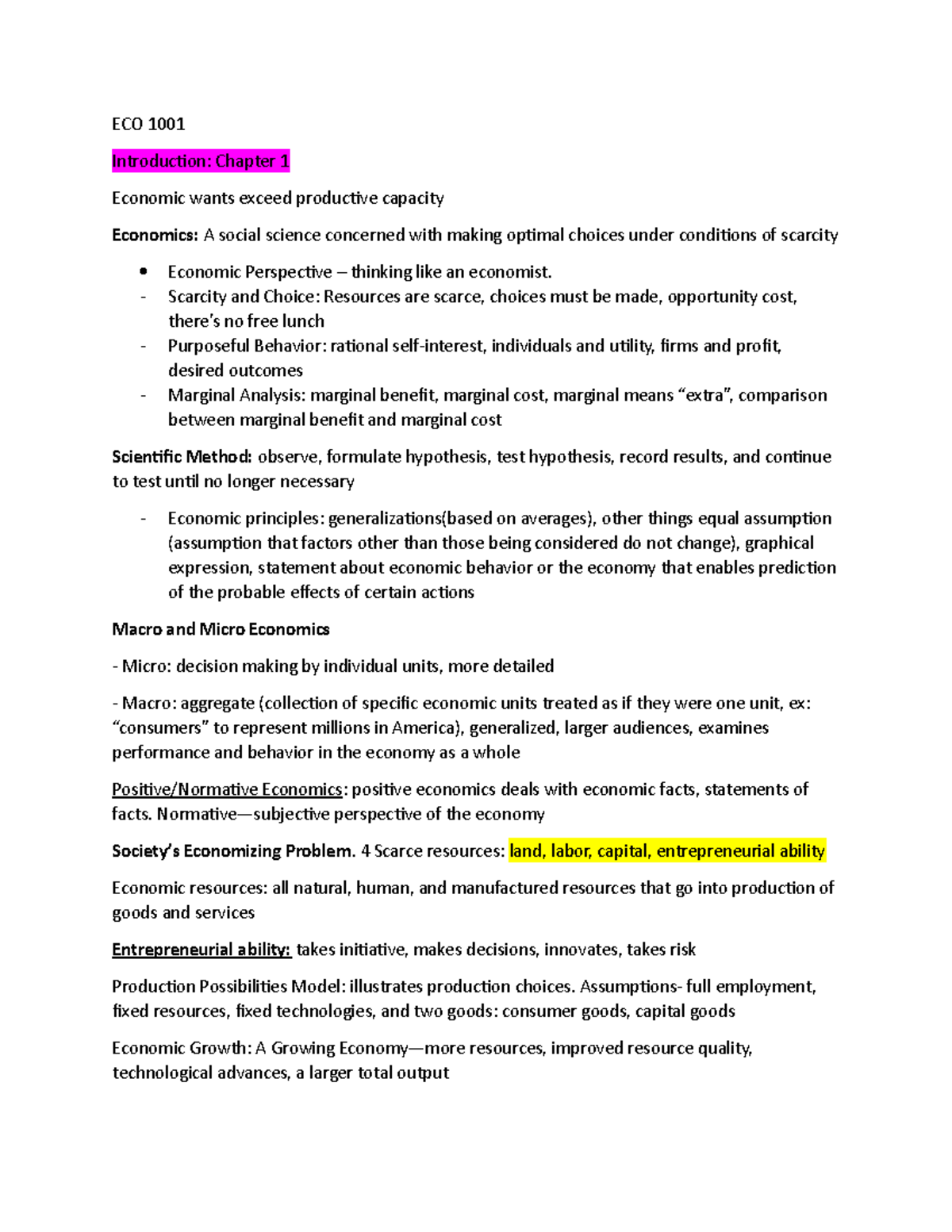 Principles of Economics Course Notes - ECO 1001 Introduction: Chapter 1 ...