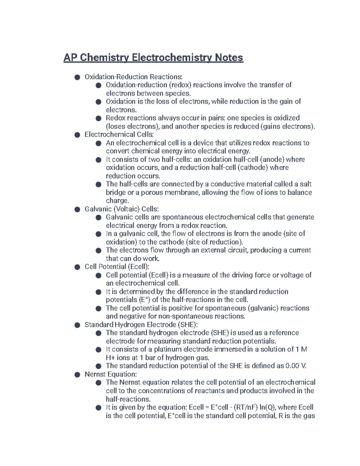 AP Chemistry Electrochemistry Notes - Oxidation is the loss of ...