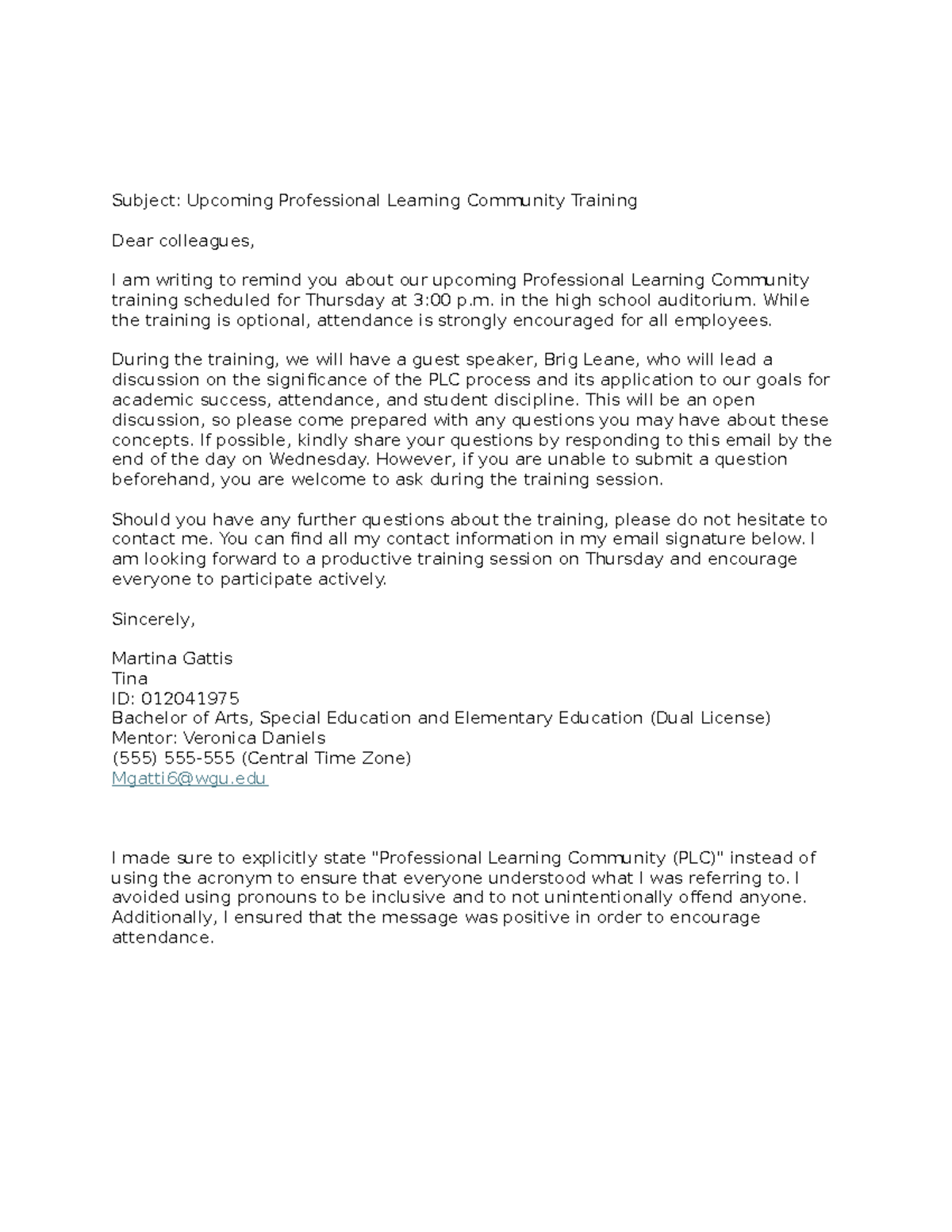 Email Task 1 - Subject: Upcoming Professional Learning Community ...
