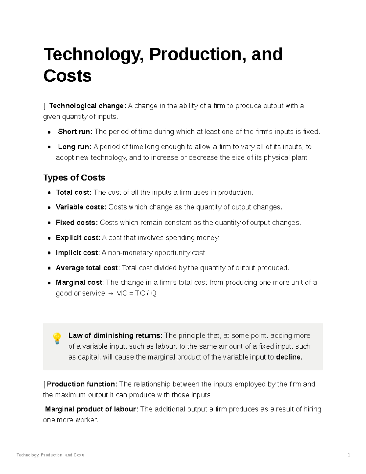 Week 2: Technology, Production, and Costs - Technology, Production, and ...