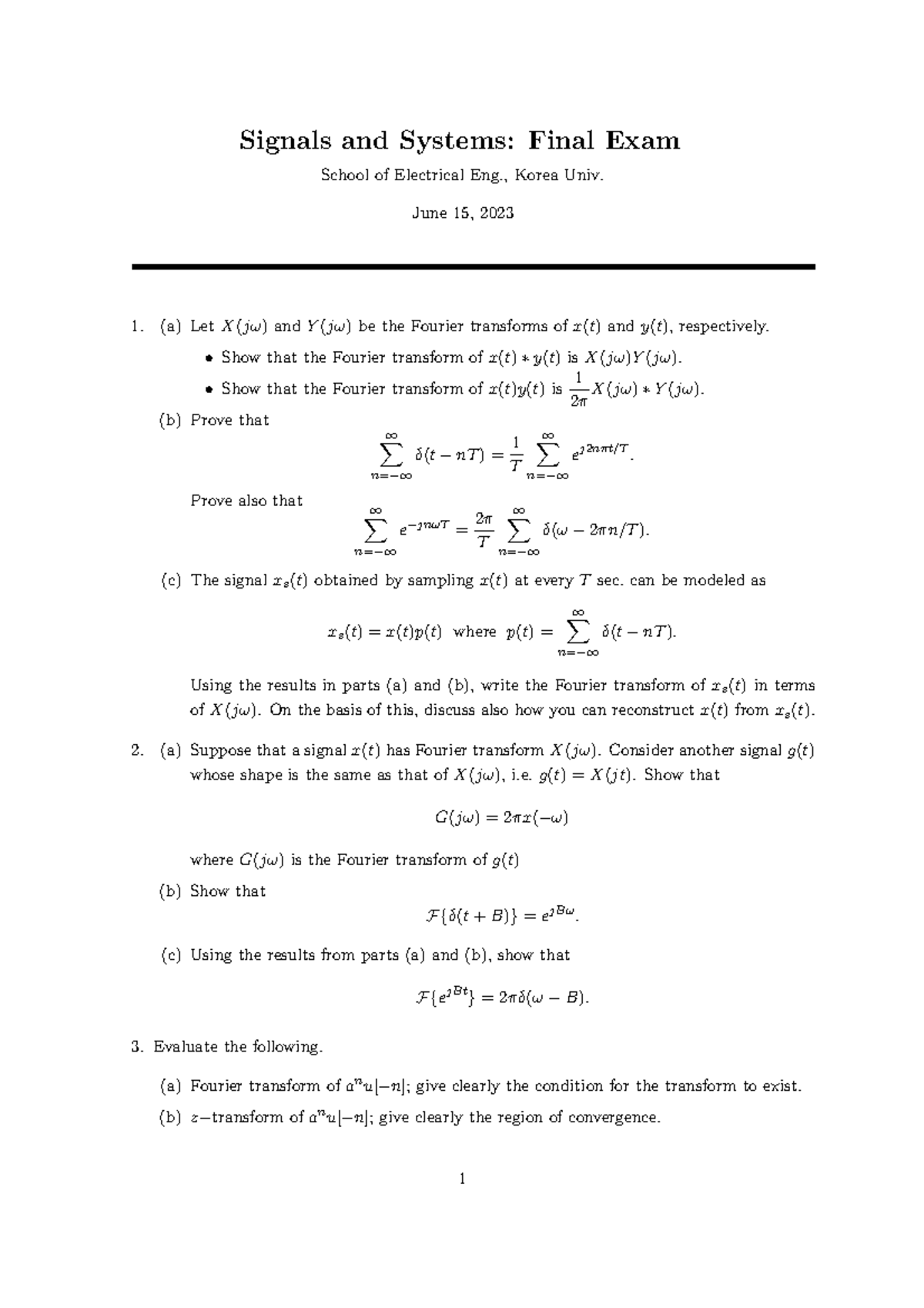 2023 Final exam problem - Signals and Systems: Final Exam School of Electrical Eng., Korea Univ ...