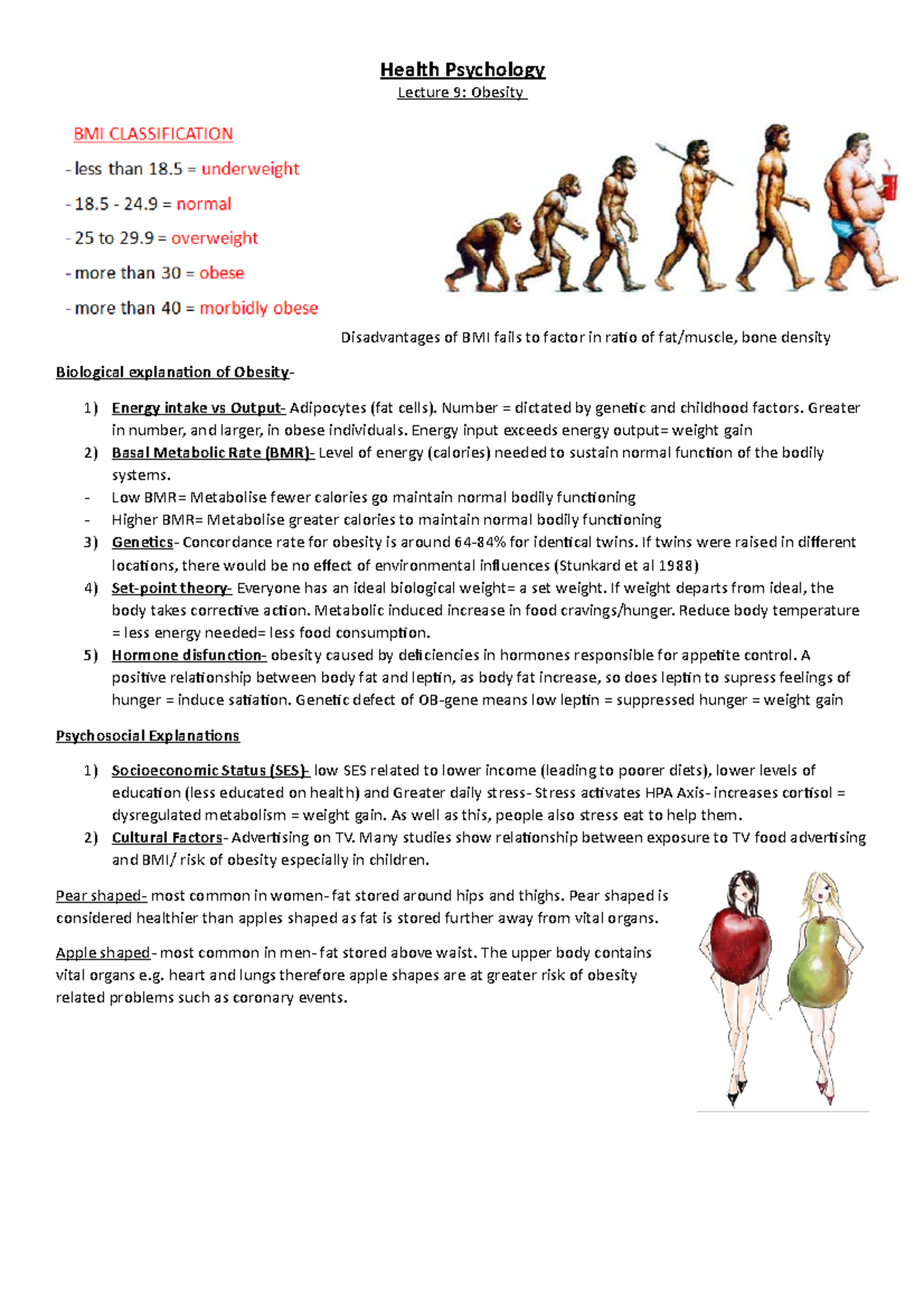 Lecture 9 - Health Psychology Lecture 9: Obesity Disadvantages of BMI ...