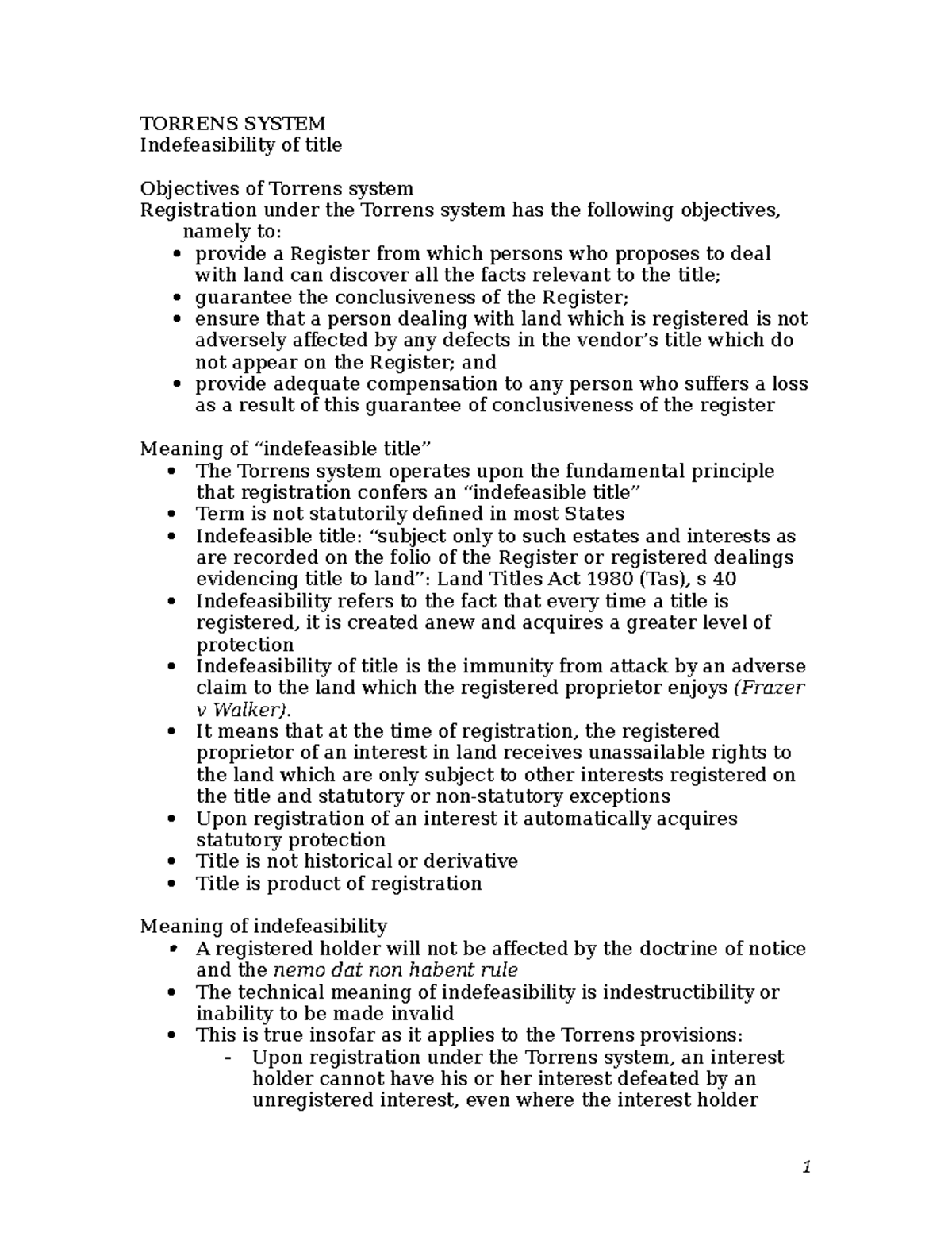 Land Law 2020 - Lecture notes 1-10 - TORRENS SYSTEM Indefeasibility of ...