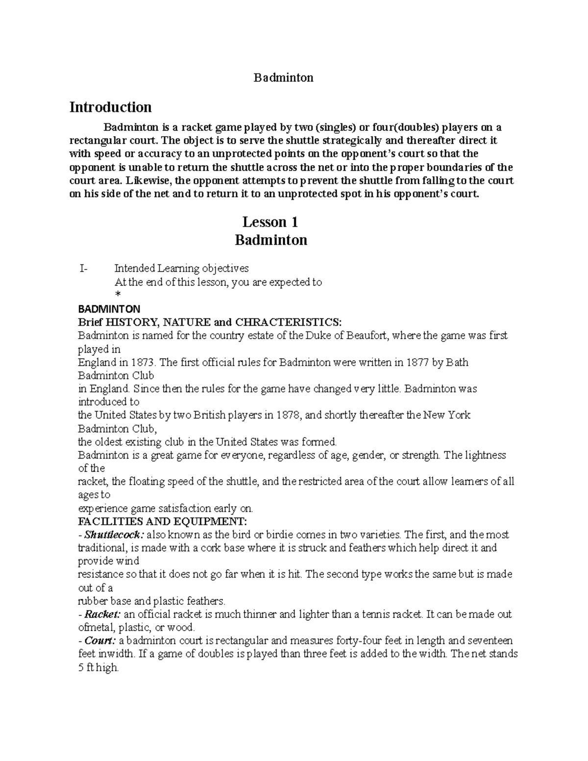 Badminton - Learners' Material with Activity Sheets - Badminton ...