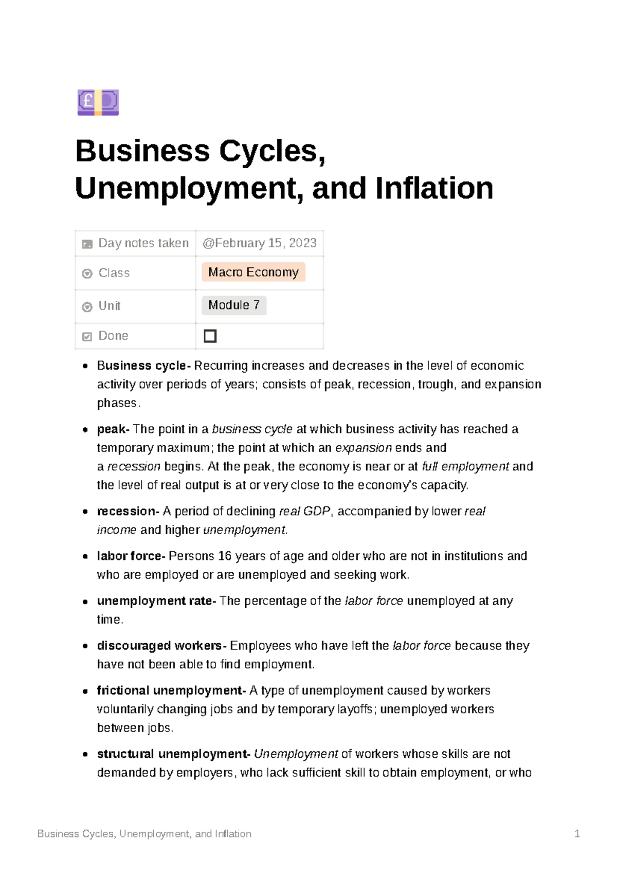Business Cycles Unemployment and Inflation - peak- The point in a ...