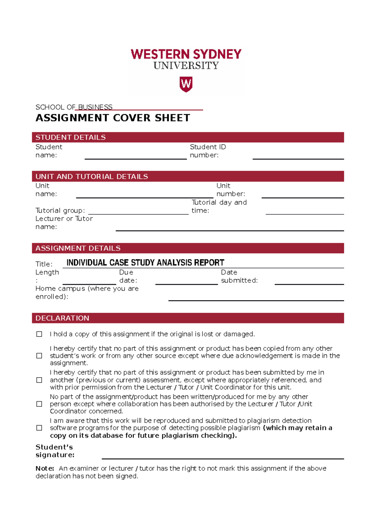 CSA Report Template 2018 .2 1 - SCHOOL OF BUSINESS ASSIGNMENT COVER ...