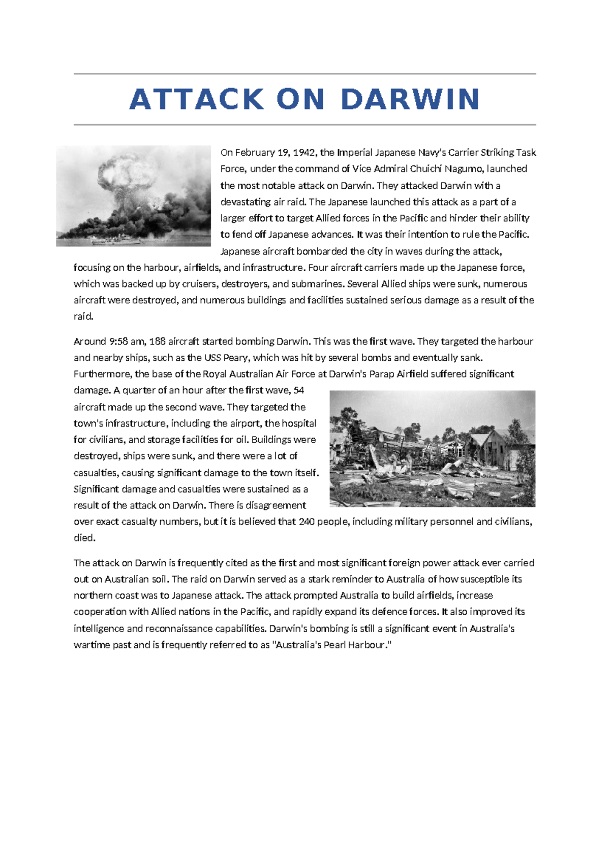 Attack on Darwin and Sydney - ATTACK ON DARWIN On February 19, 1942 ...