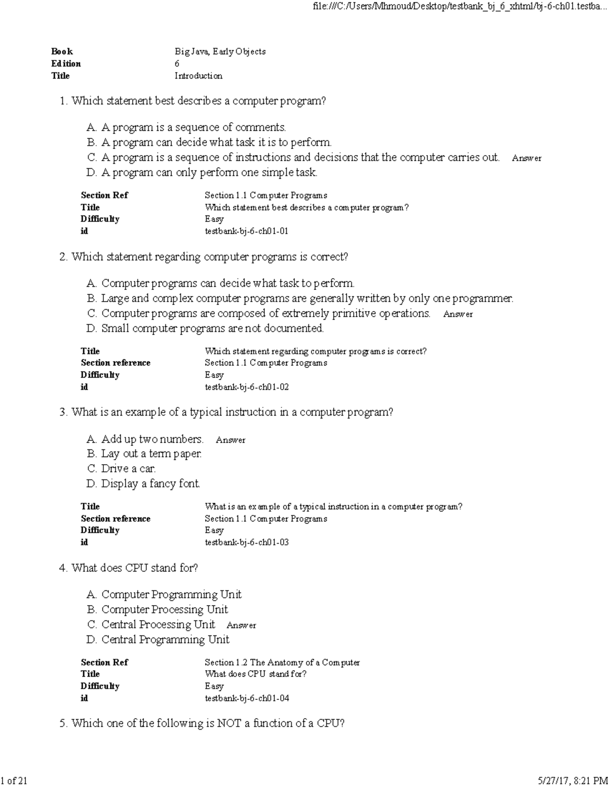 Ch01 - TestBank - Book Big Java, Early Objects Edition 6 Title ...