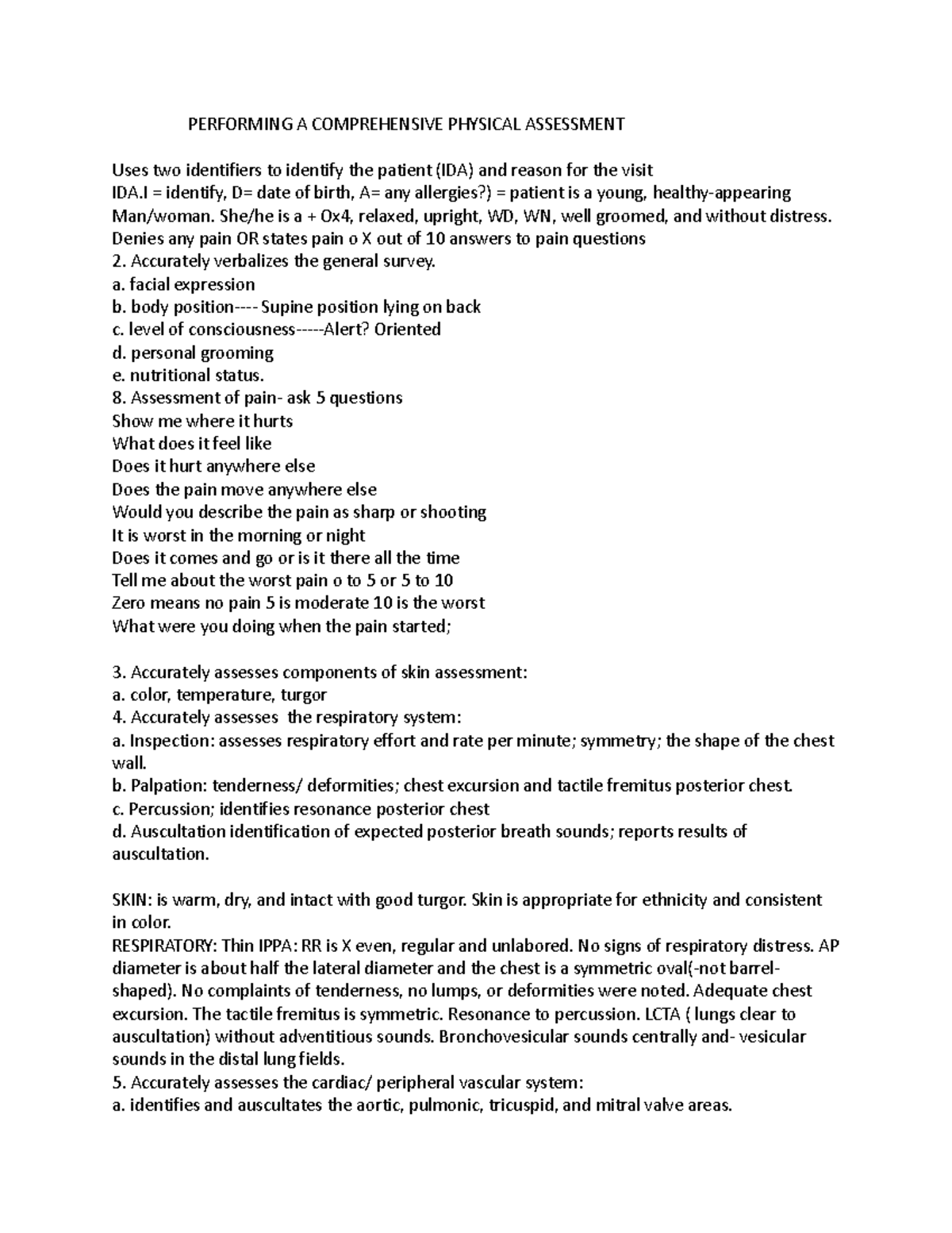 Assessment head to toe - study notes - PERFORMING A COMPREHENSIVE ...