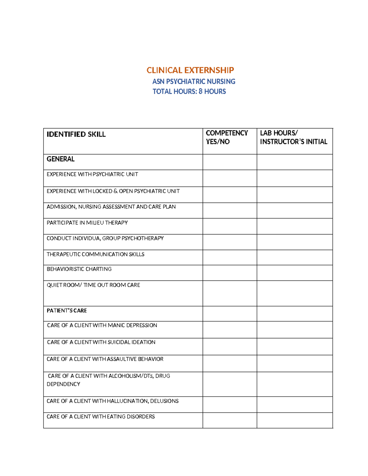 Psychiatric Capstone Externship - CLINICAL EXTERNSHIP ASN PSYCHIATRIC ...