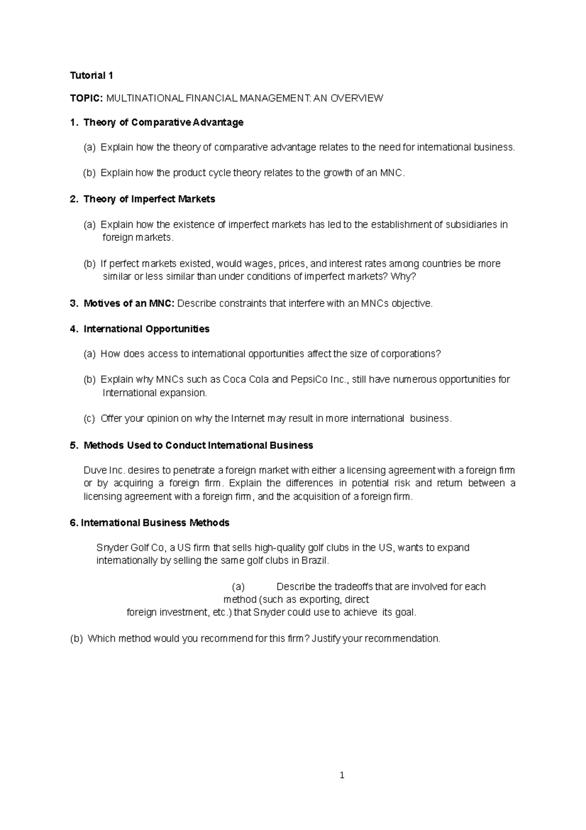 Tutorial 1 International finance - Tutorial 1 TOPIC: MULTINATIONAL FINANCIAL MANAGEMENT: AN ...