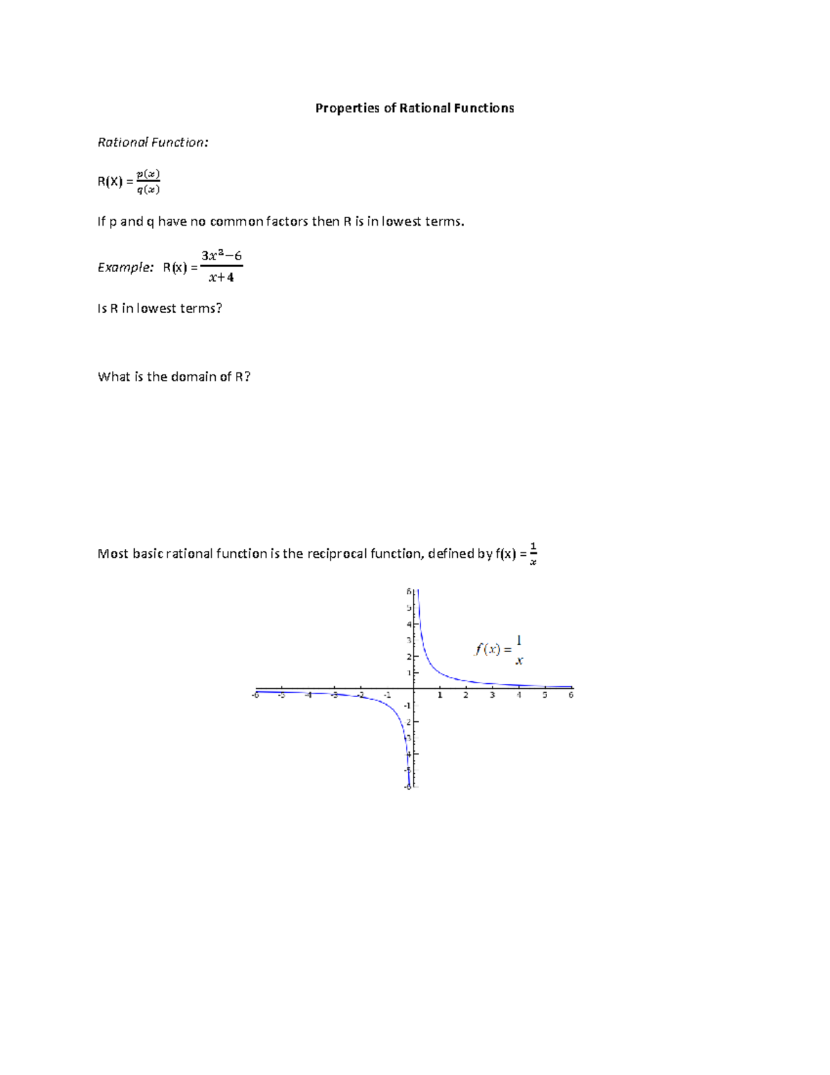 Section 2.6 practice materials - Properties of Rational Functions ...