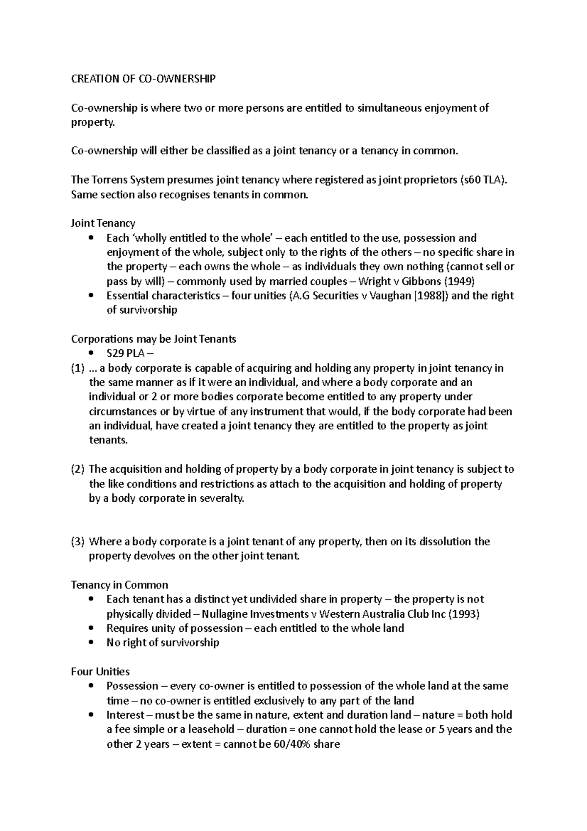 Co-ownership Exam Notes - CREATION OF CO-OWNERSHIP Co-ownership is ...
