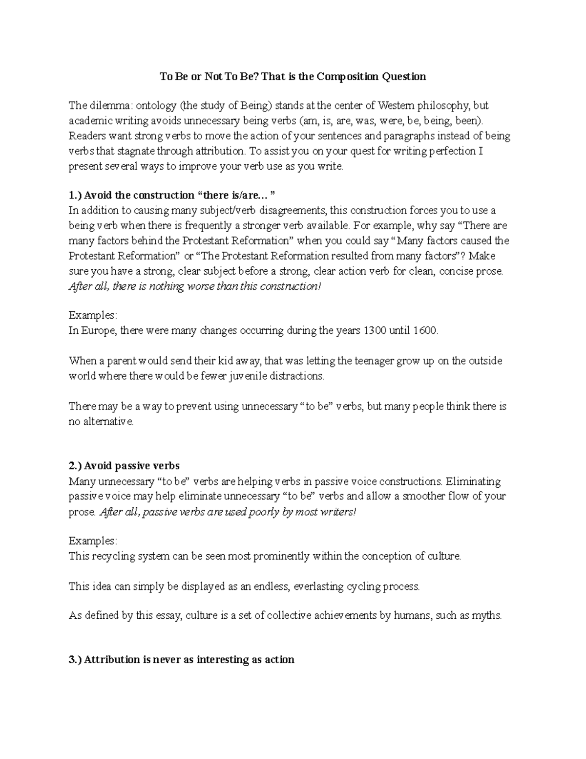 To Be Verbs Worksheet - english 1101 help - To Be or Not To Be? That is ...