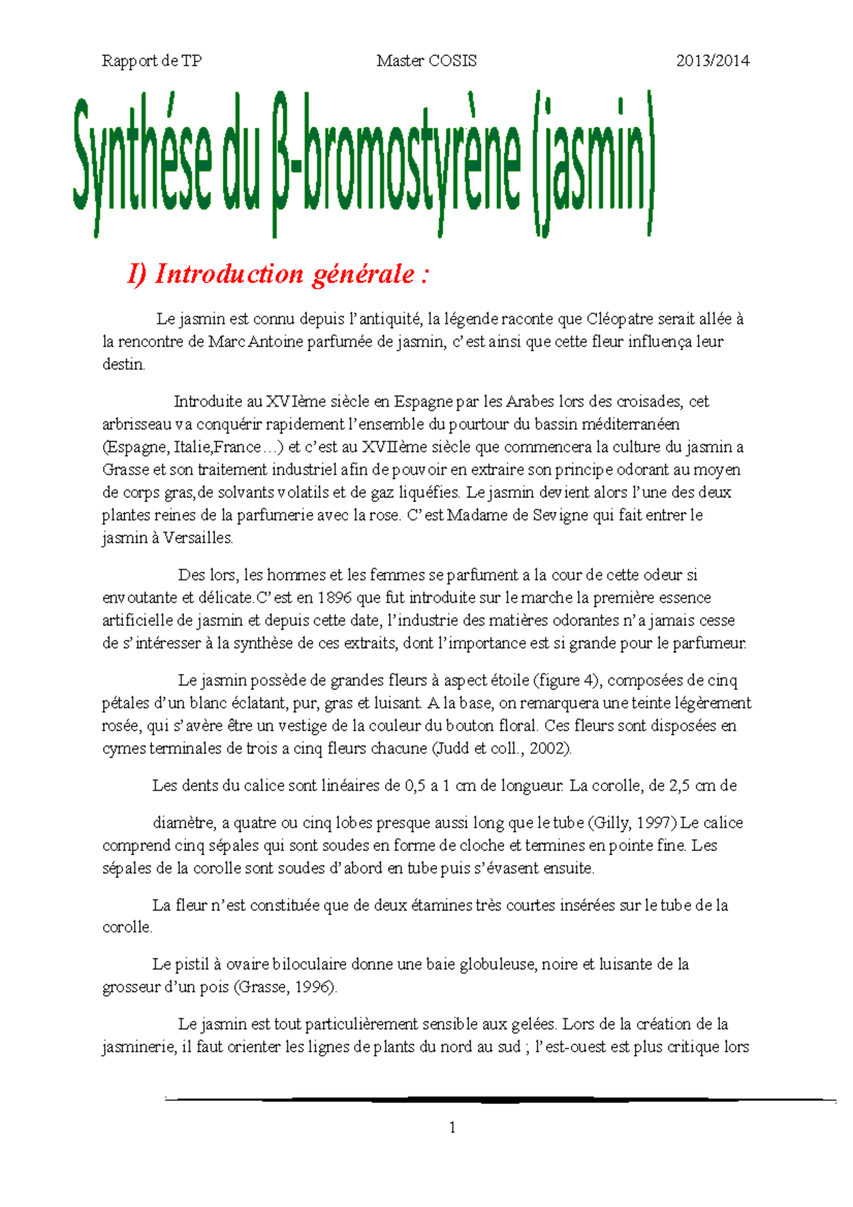 Rapport TP synthèse de jasmine - I) Introduction générale : Le jasmin ...
