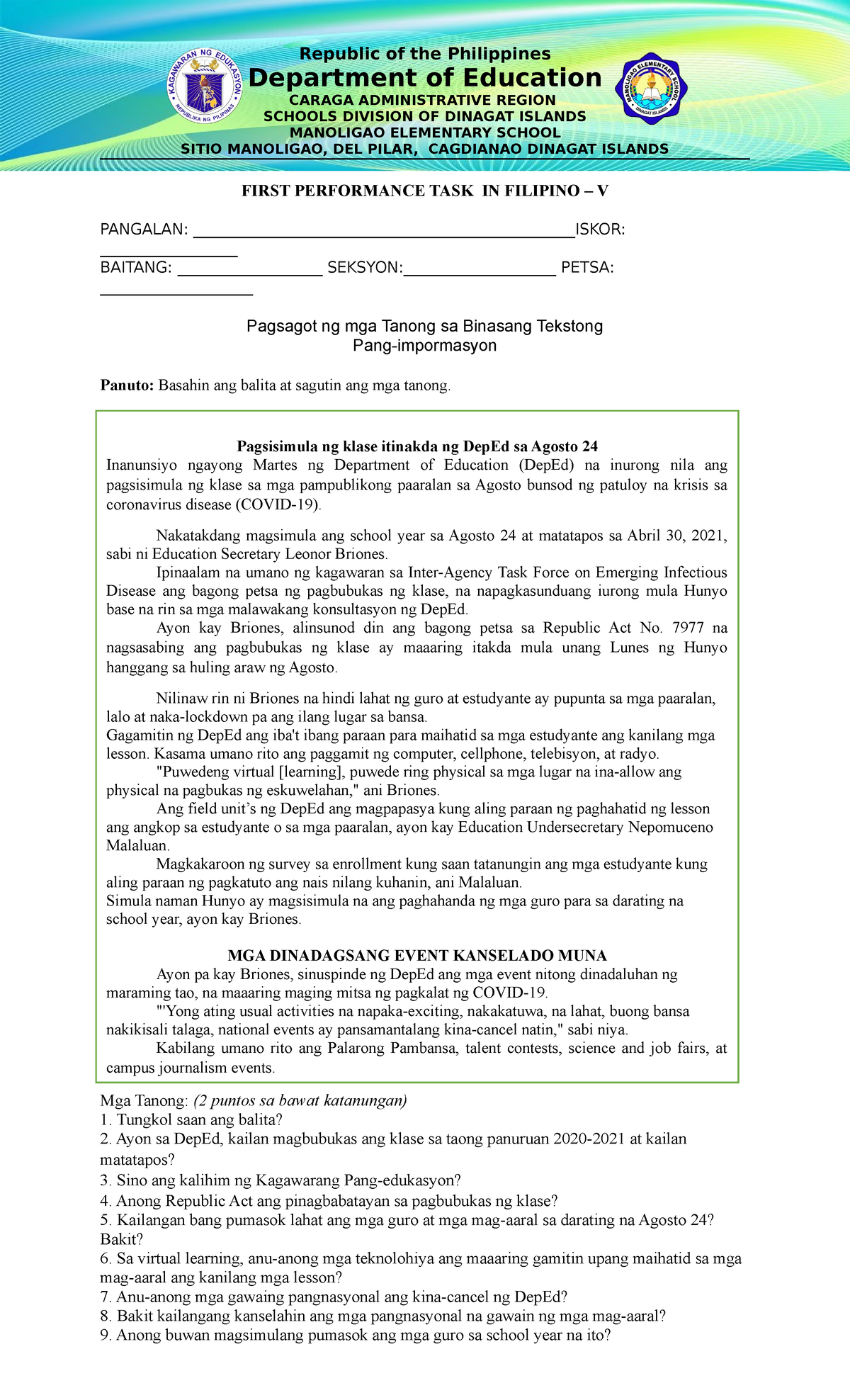 Grade 5 Performance Task in Filipino Modules 1-3 - Republic of the Philippines Department of ...