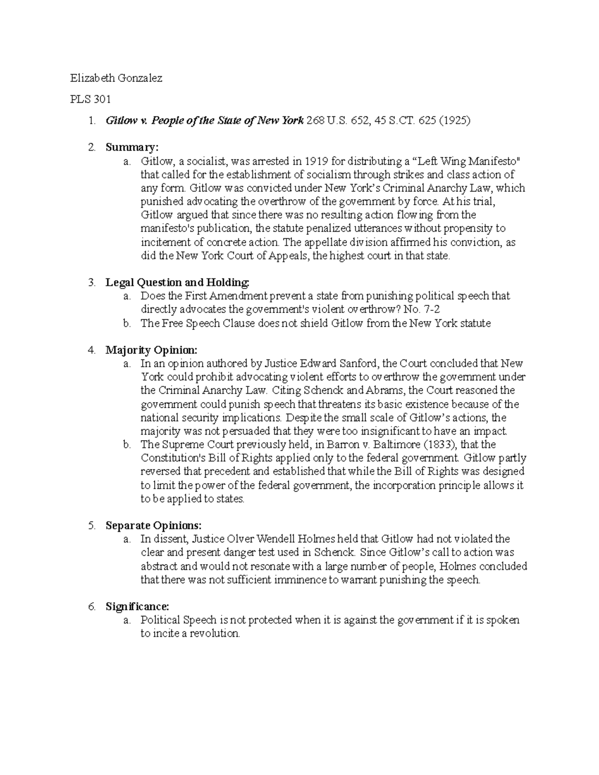Gitlow v. People of the State of New York - Elizabeth Gonzalez PLS 301 ...