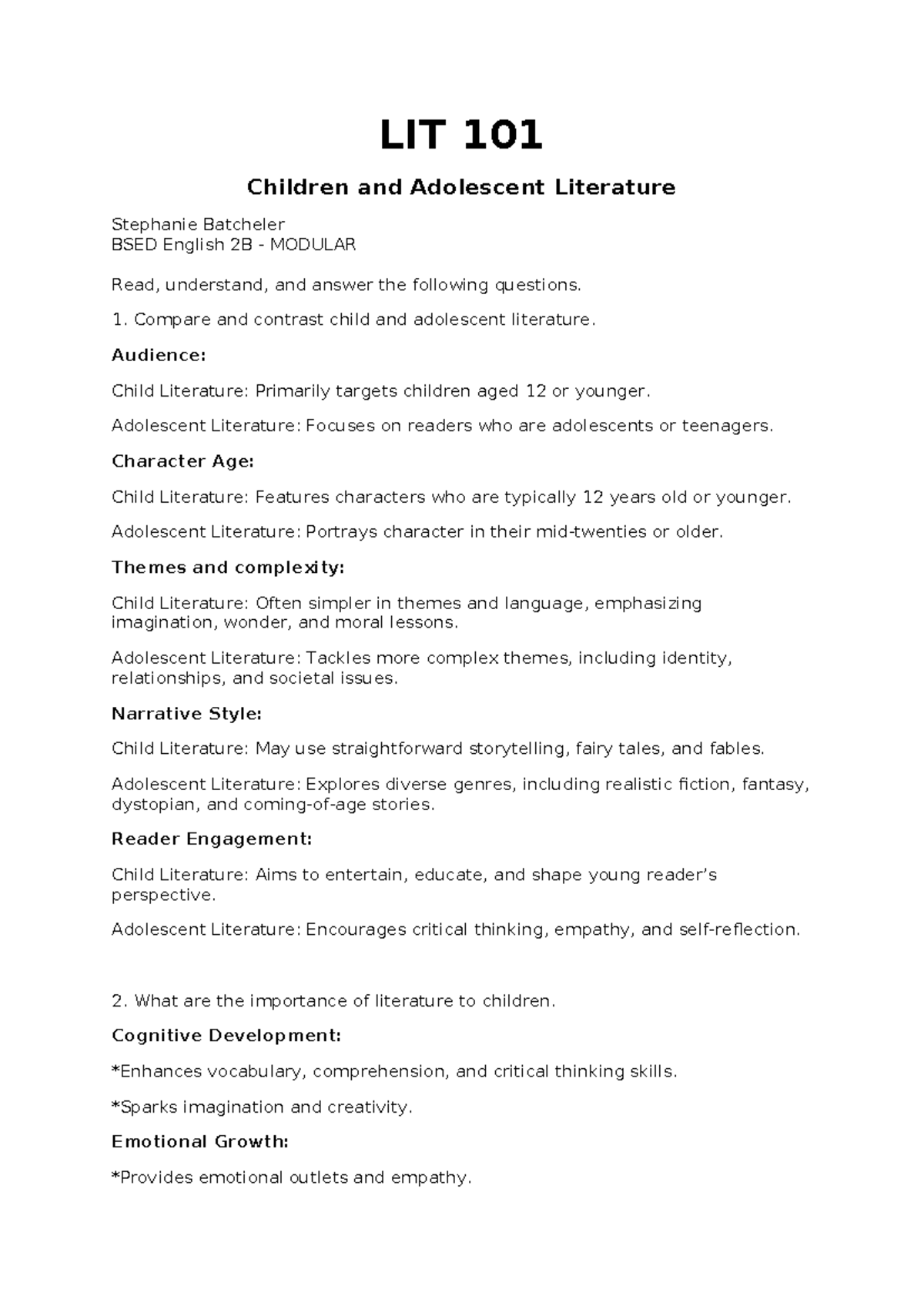 LIT 101 - LECTURE NOTES - LIT 101 Children and Adolescent Literature ...
