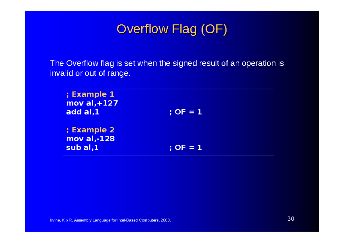 Week 11 - lecture slide - Overflow Flag (OF) Overflow Flag (OF) The Overflow flag is set when ...