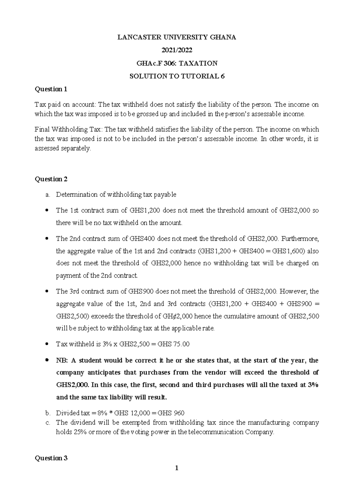 GHAc F 306 - Solution TO Tutorial 6 - LANCASTER UNIVERSITY GHANA 2021 ...