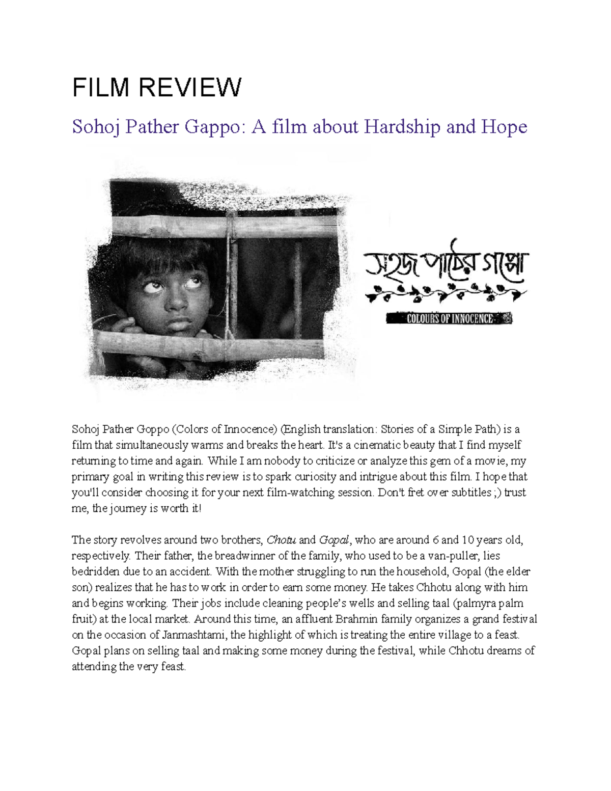 FILM Review - FILM REVIEW Sohoj Pather Gappo: A film about Hardship and Hope Sohoj Pather Goppo ...