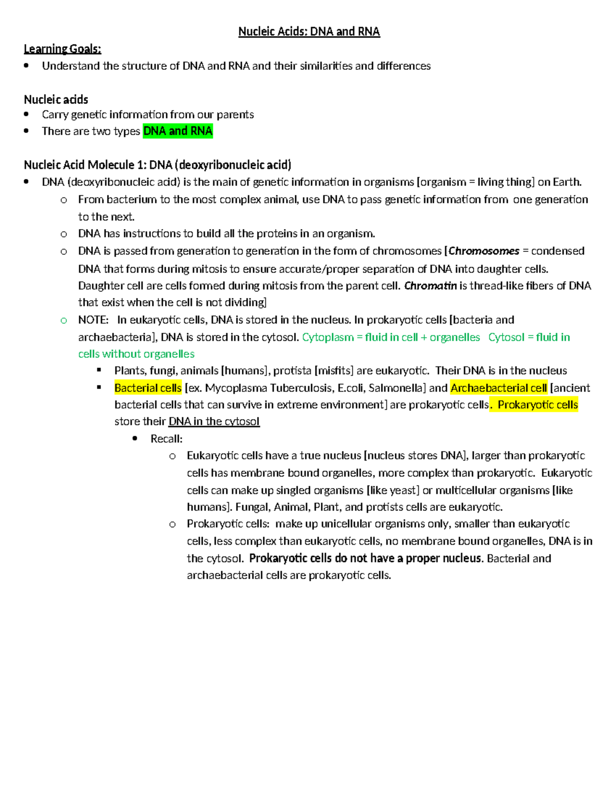 Lesson 2 - Nucleic Acids: DNA and RNA Learning Goals: Understand the ...