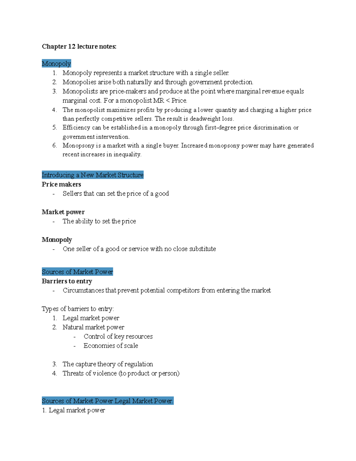 Chapter 12 lecture notes - Chapter 12 lecture notes: Monopoly 1 ...