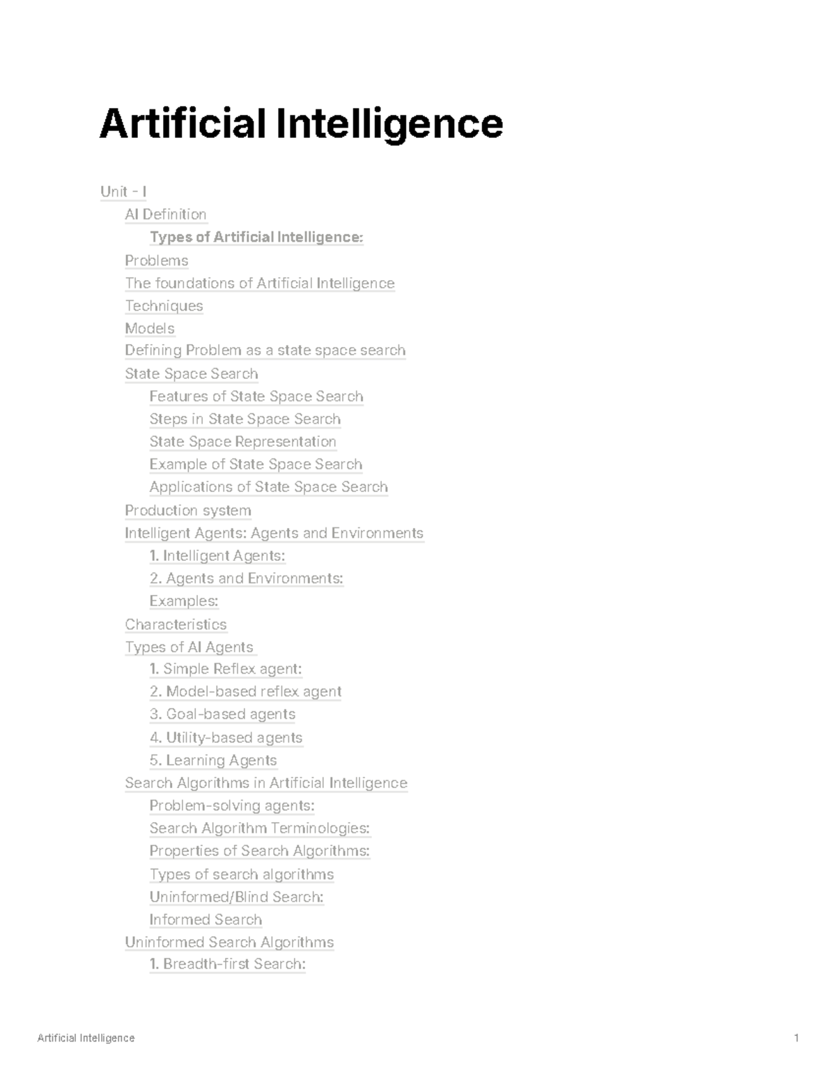 Complete AI notes - GOOD - Artificial Intelligence Unit I AI Definition ...