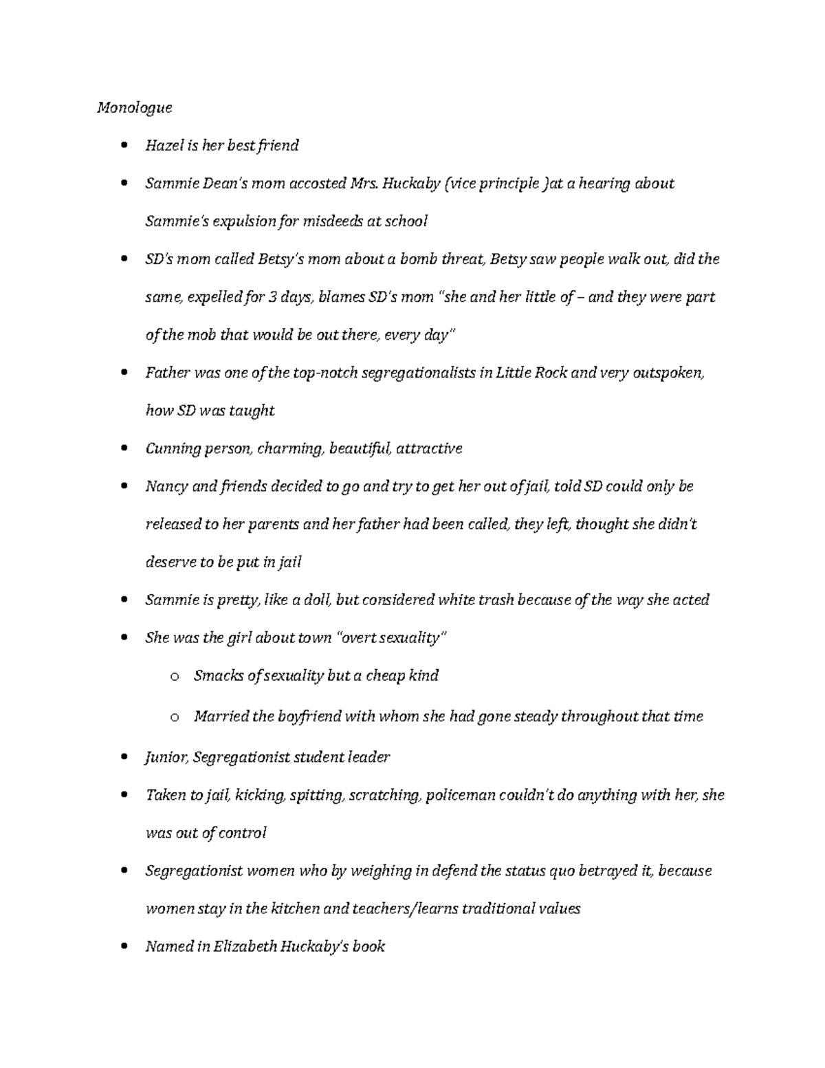 Monologue Outline - Monologue Hazel is her best friend Sammie Dean’s ...