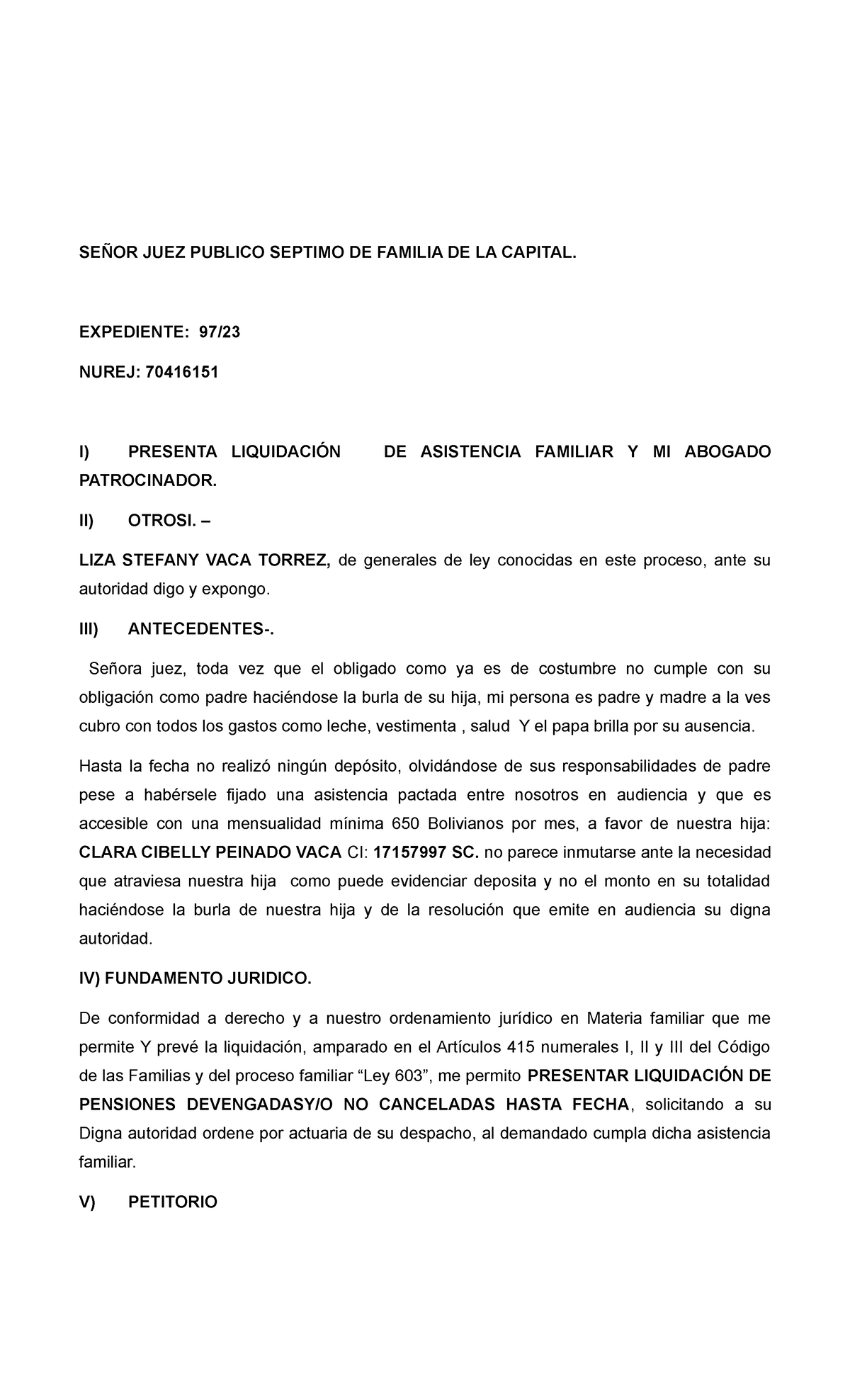 Liquidacion DE Asist. FAM LIZA Stefany VACA Torrez - SEÑOR JUEZ PUBLICO ...