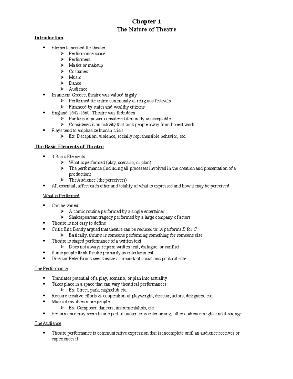 Chapter 1 Notes - Chapter 1 The Nature of Theatre Introduction Elements ...