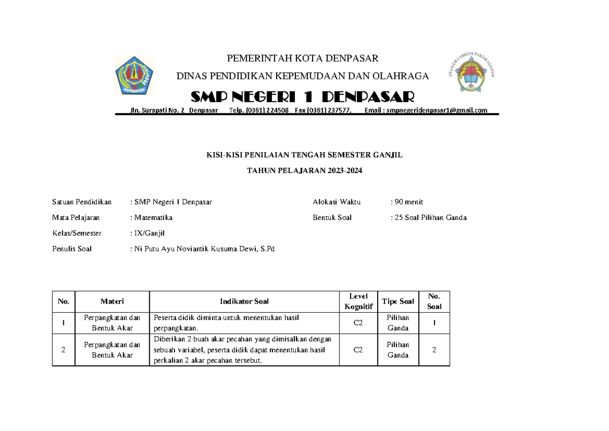 KISI KISI SOAL PTS Ganjil Matematika Kelas IX 2023-2024 - PEMERINTAH KOTA DENPASAR DINAS ...