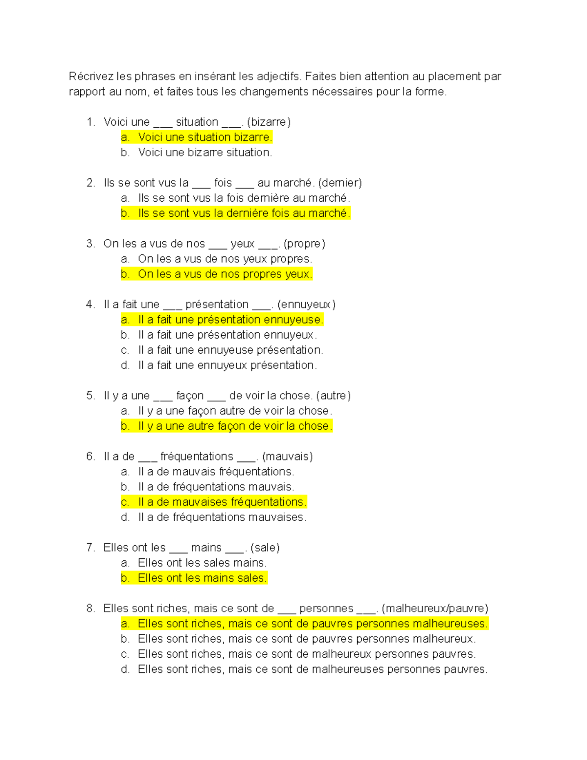 Adjectives Practice 2 - Récrivez les phrases en insérant les adjectifs ...