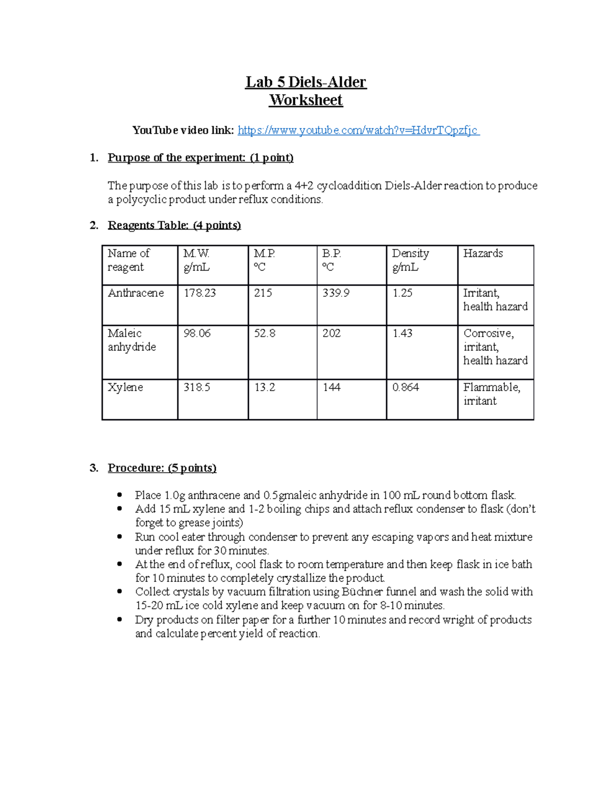 2130- Lab 5 Diels-Alder - Lab 5 Diels-Alder Worksheet YouTube video link: - Studocu