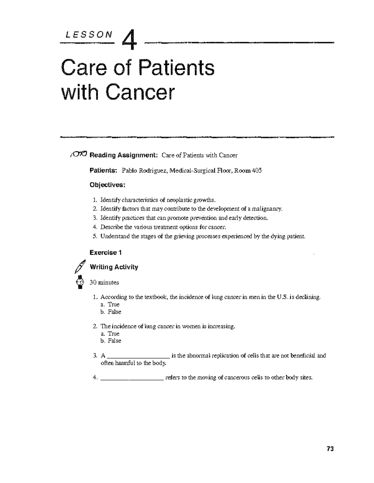 Lesson 4-Care of Patients with Cancer - LESSON 4 Care of Patients with ...