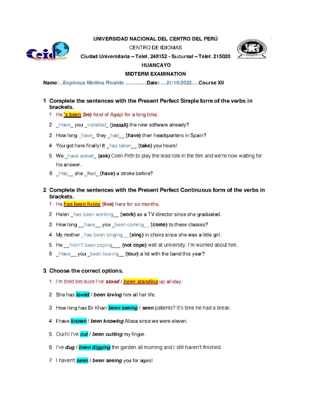 Midterm Exam Básico 12 EMRL - UNIVERSIDAD NACIONAL DEL CENTRO DEL PERÚ CENTRO DE IDIOMAS Ciudad ...