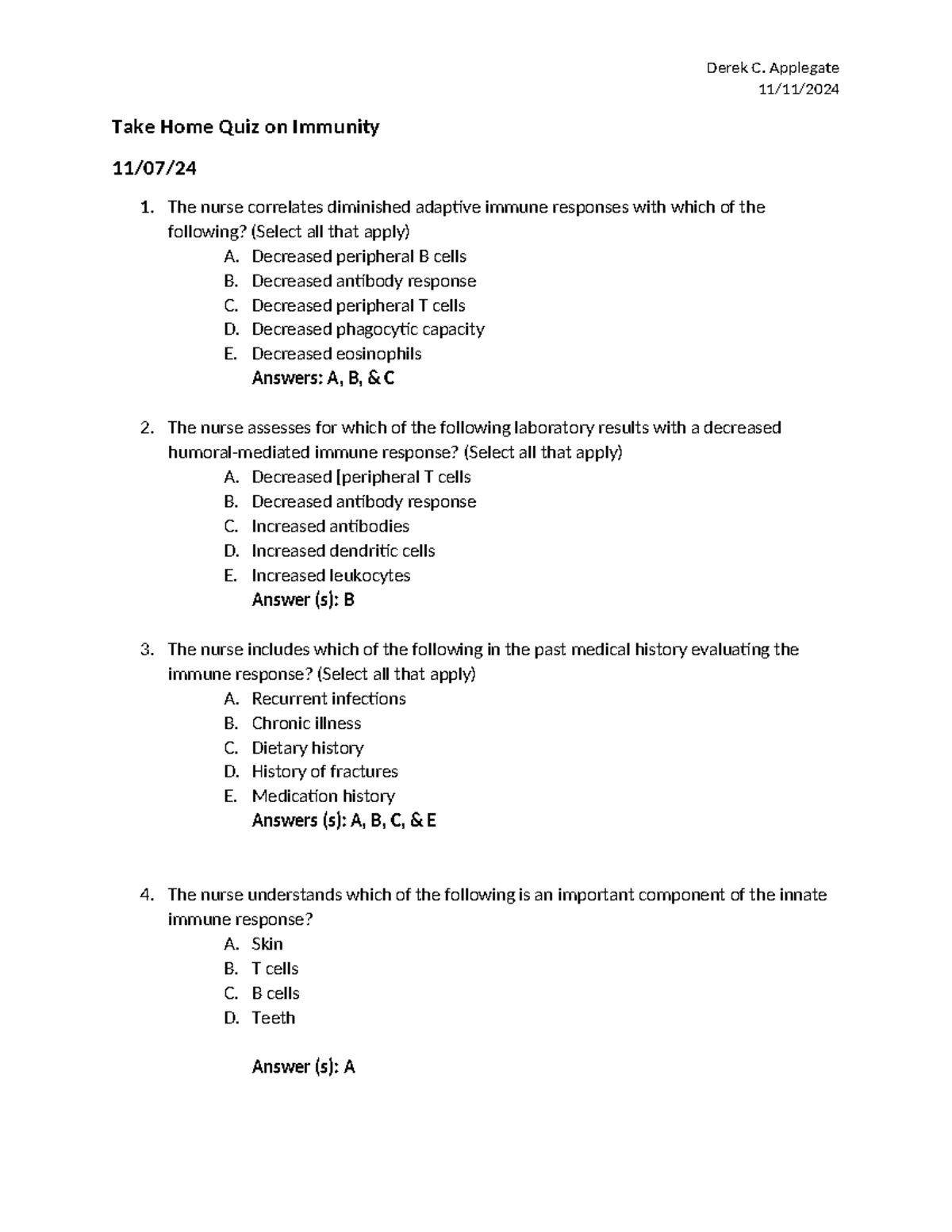 Take Home Quiz on Immunity DCA - Derek C. Applegate 11/11/ Take Home ...