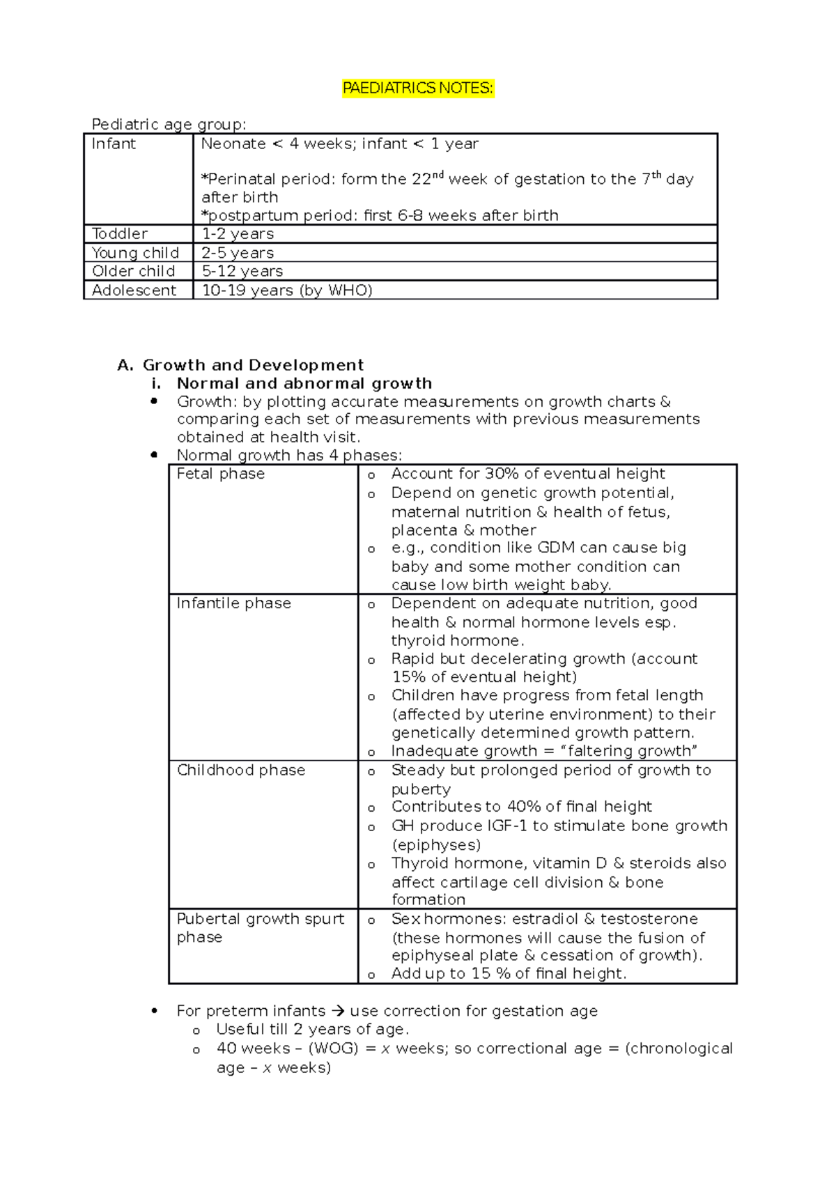 Paediatric Notes Ilya - PAEDIATRICS NOTES: Pediatric age group: Infant ...