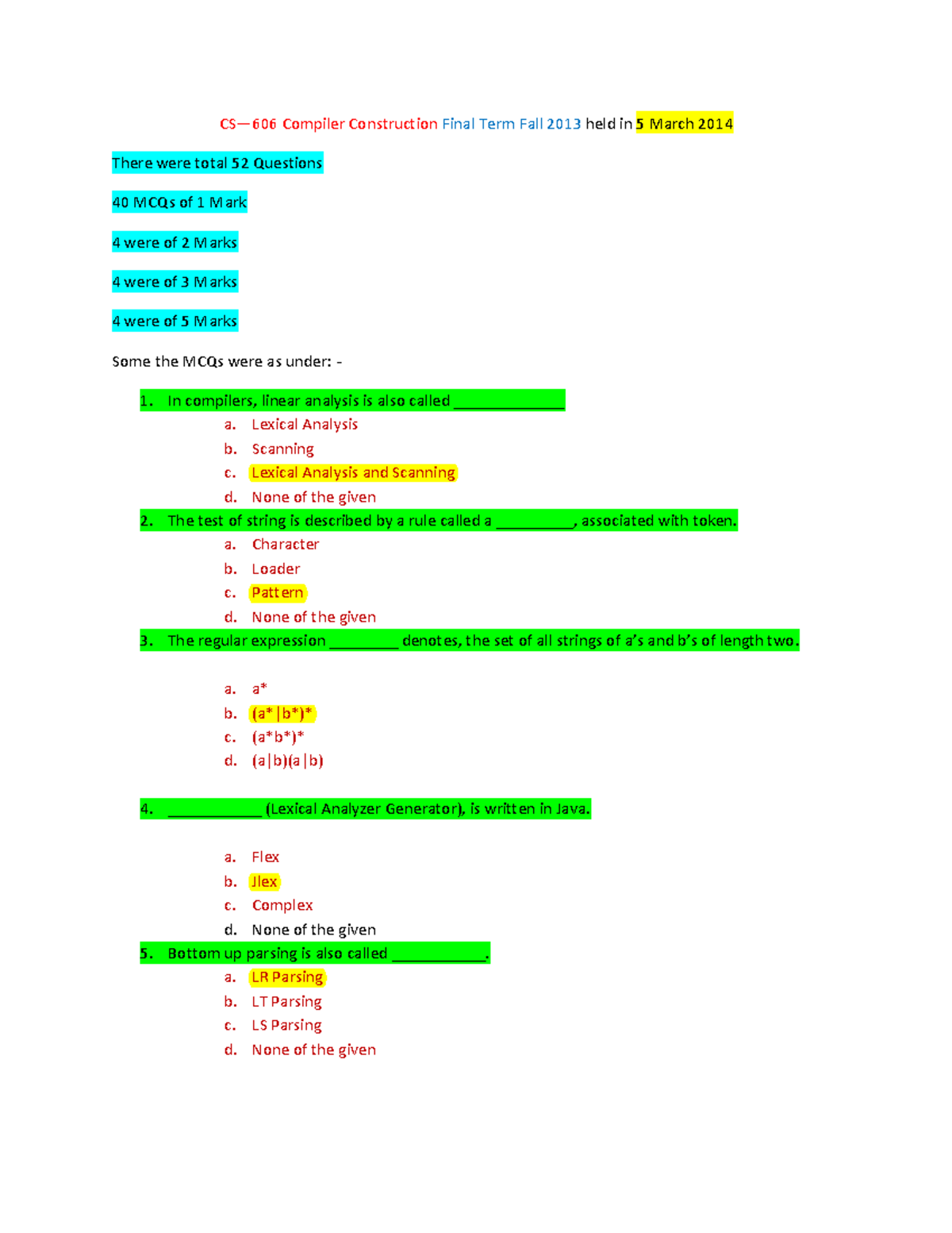 CS606-Final Term-2014 - CS—606 Compiler Construction Final Term Fall 2013 held in 5 March 2014 ...
