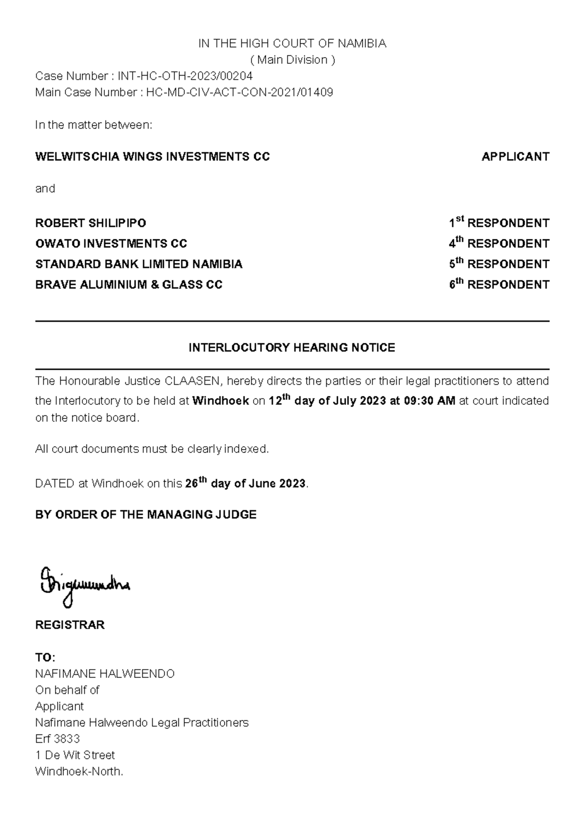 Hearing Notice(Interlocutory - Others (High Court)) - IN THE HIGH COURT ...