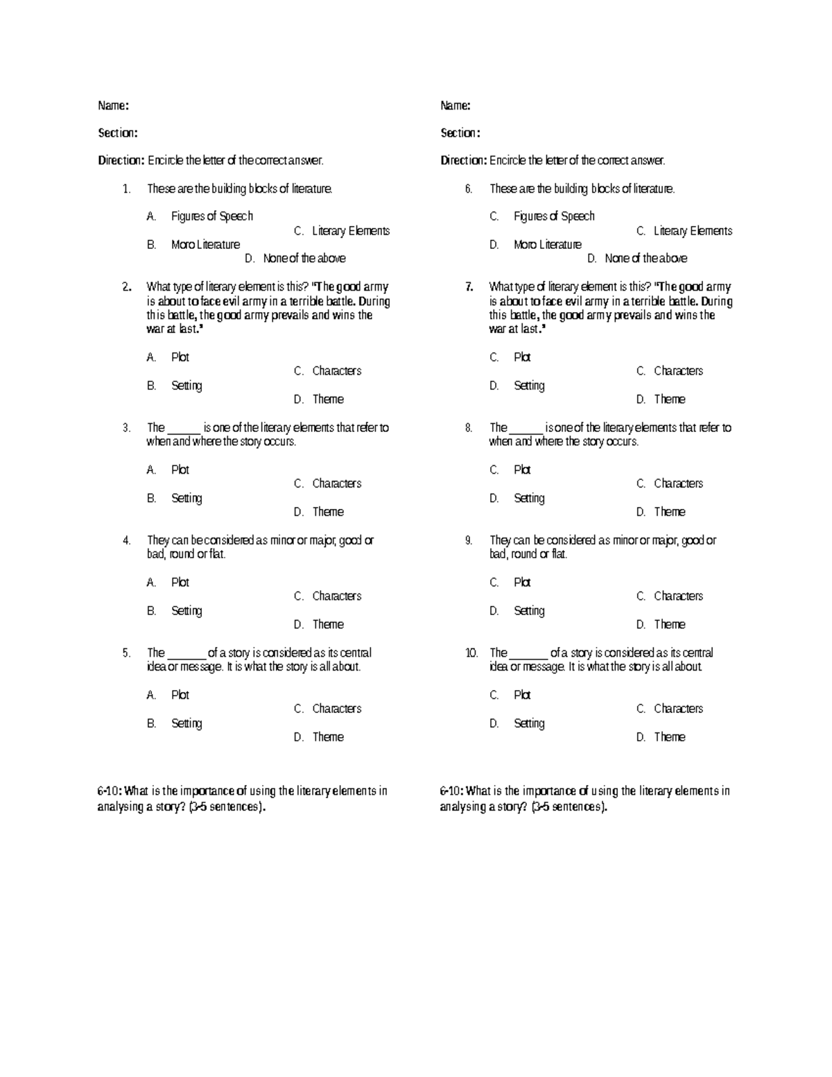 QUIZ FOR Today - Quiz example - Name: Section: Direction: Encircle the ...