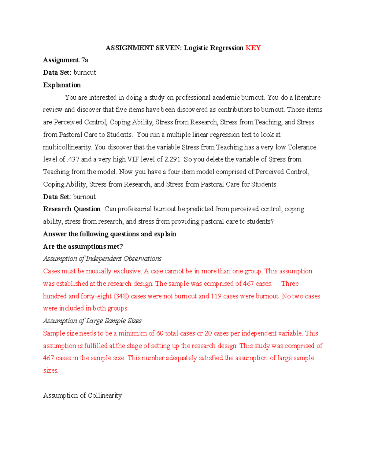 Assignment Logistic Regression KEY - ASSIGNMENT SEVEN: Logistic Regression KEY Assignment 7a ...