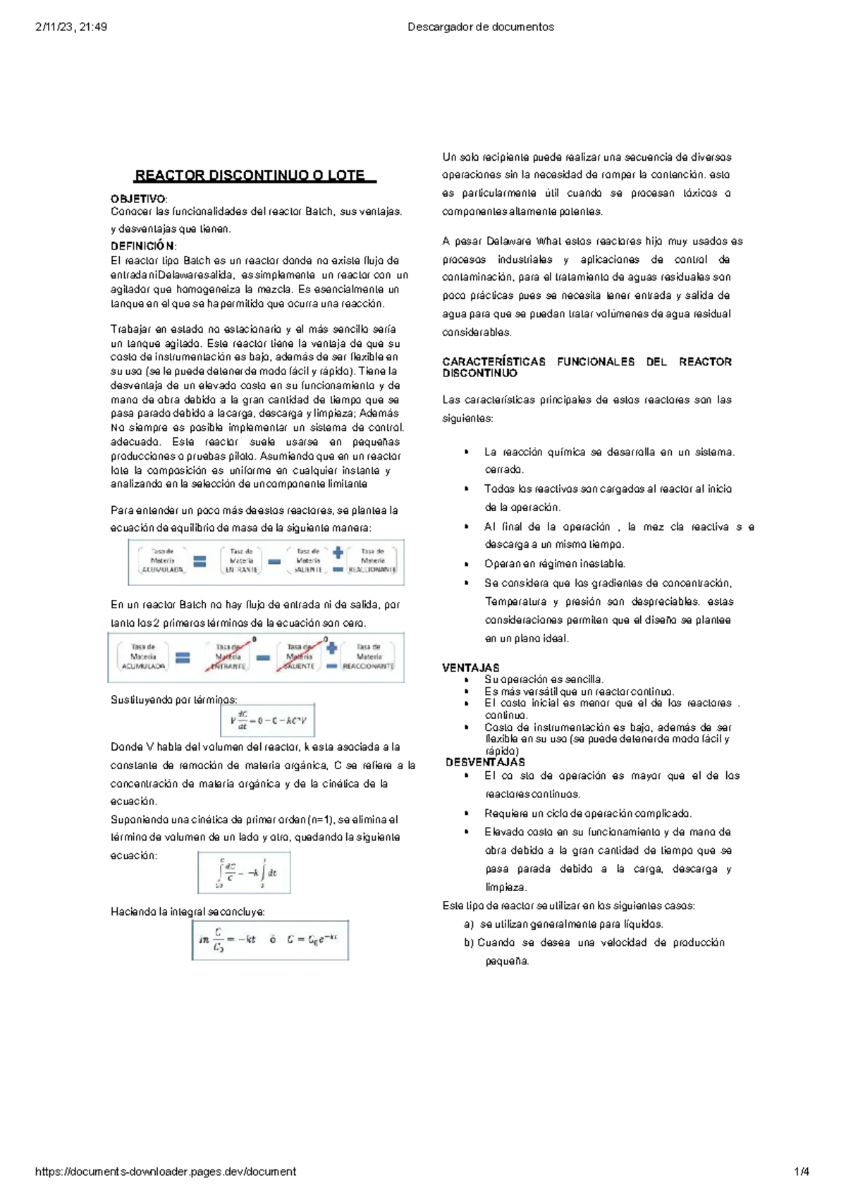 Batch reactor - REACTOR DISCONTINUO O LOTE OBJETIVO: Conocer las ...