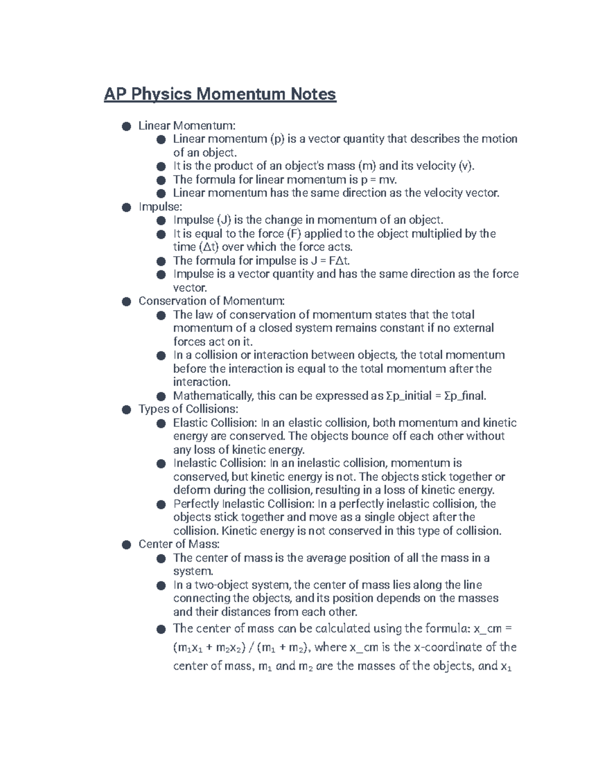 AP Physics Momentum Notes - Studocu