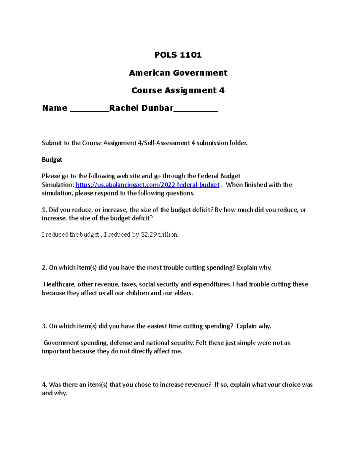American Government Course Assignment 4: Budget Simulation and ...
