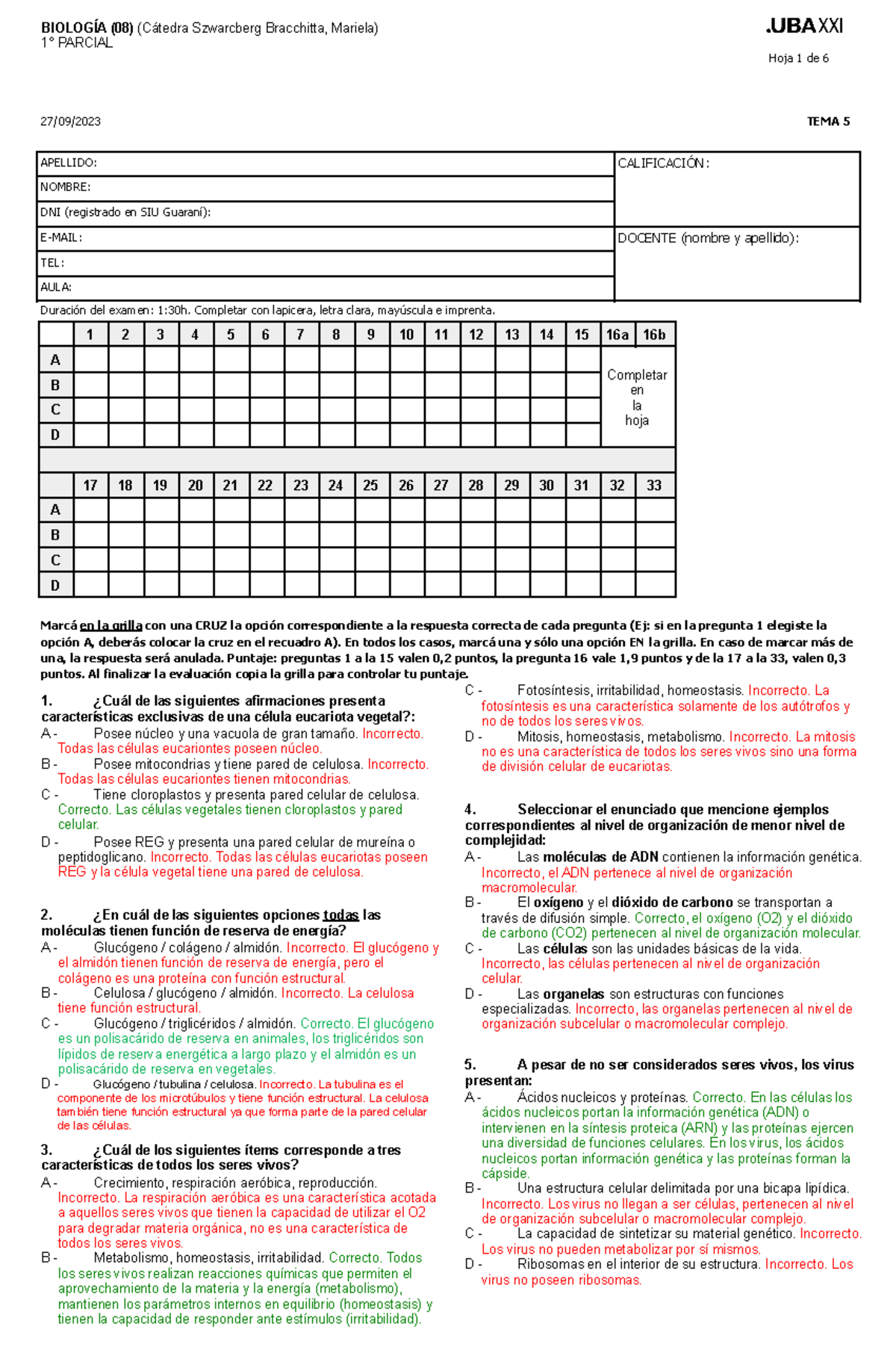 T5 1P2C 2023 con claves - 1° PARCIAL Hoja 1 de 6 27/09/2023 TEMA 5 APELLIDO: CALIFICACIÓN ...
