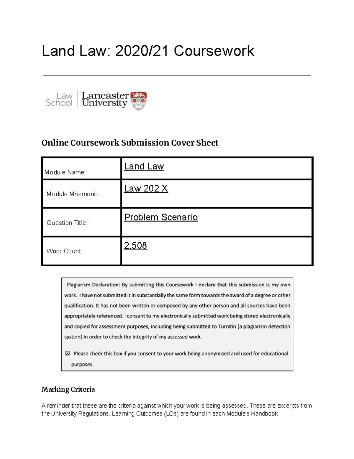 Land Law 2021 - CICT - Land Law: 2020/21 Coursework Online Coursework ...