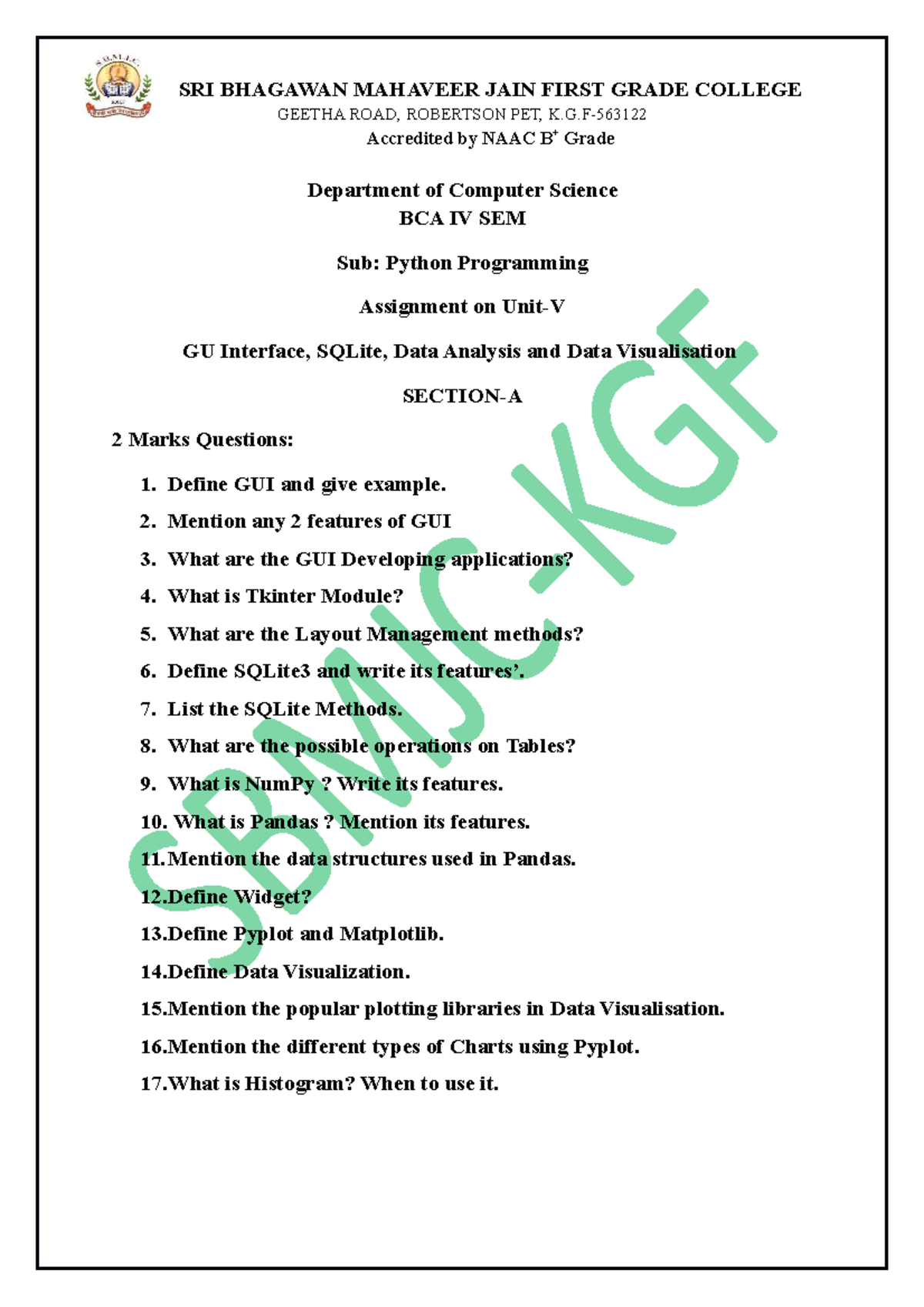 Python Assignment on Unit-5 - SRI BHAGAWAN MAHAVEER JAIN FIRST GRADE ...