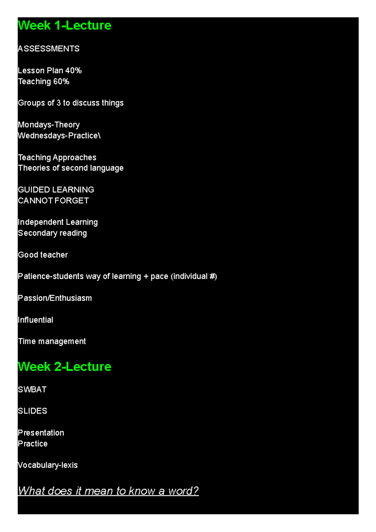 Intro to TEFL Lecture - Week 1-Lecture ASSESSMENTS Lesson Plan 40% Teaching 60% Groups of 3 to ...